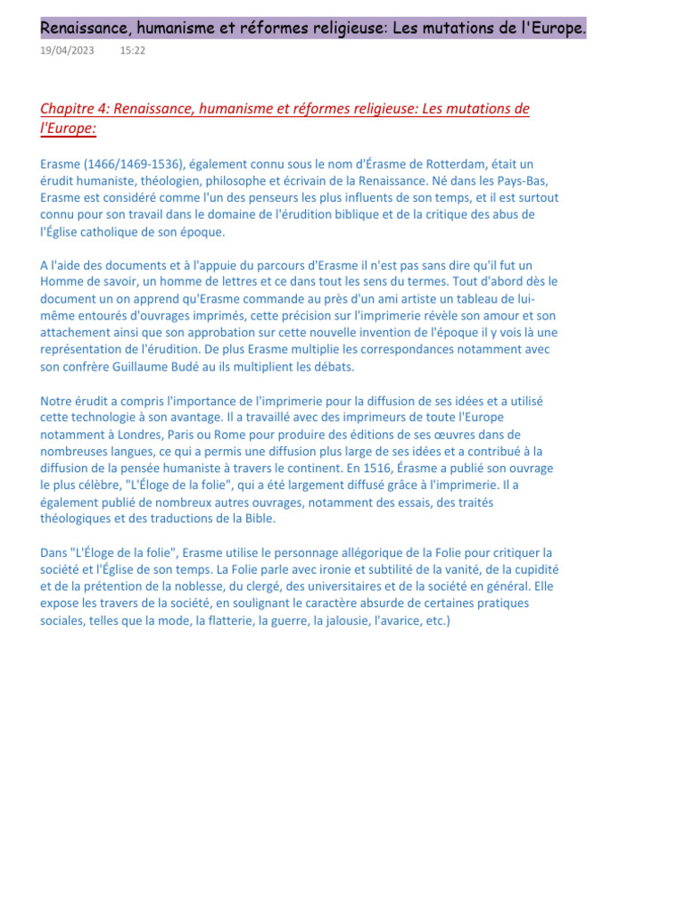 Renaissance, Humanisme Et Réformes Religieuse Les Mutations de L'europe. | PDF