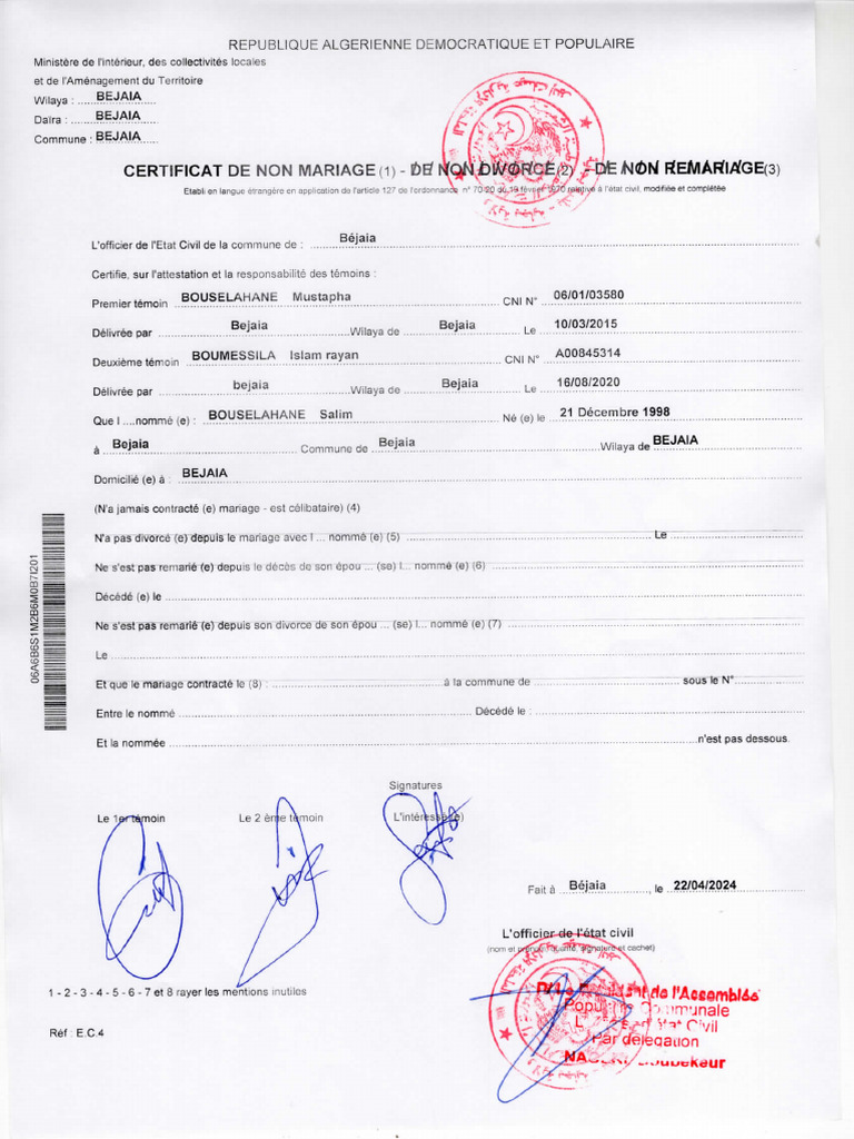 Certificat de Non Mariage | PDF