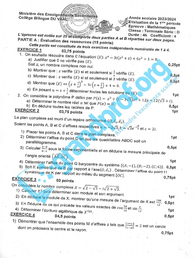 Maths TleD Evaluation1 College DU VAAL 2023 2024 | PDF