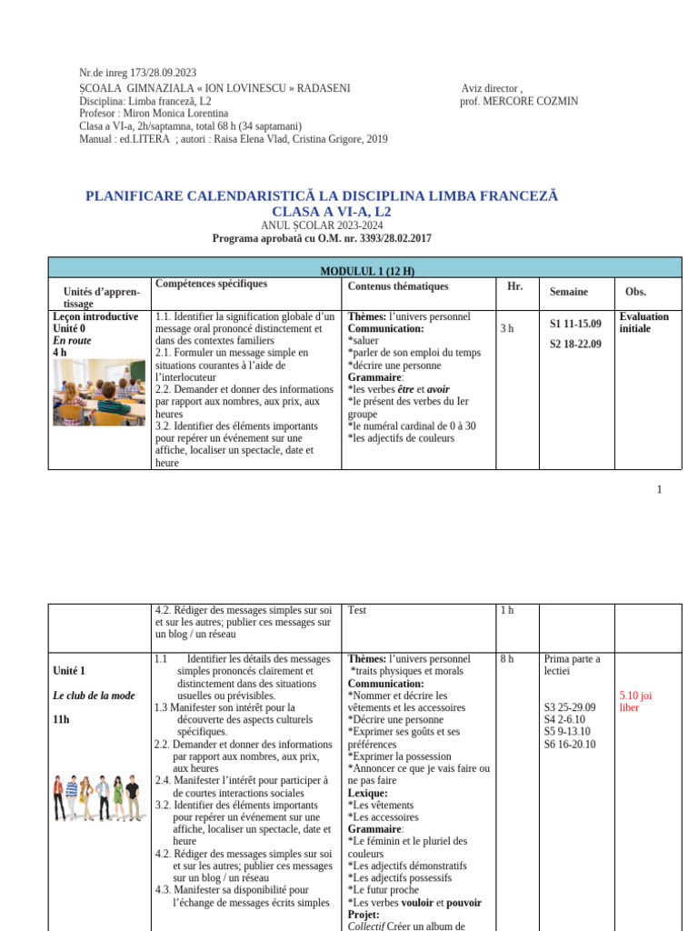 Planificare Vi l2 2023 | PDF
