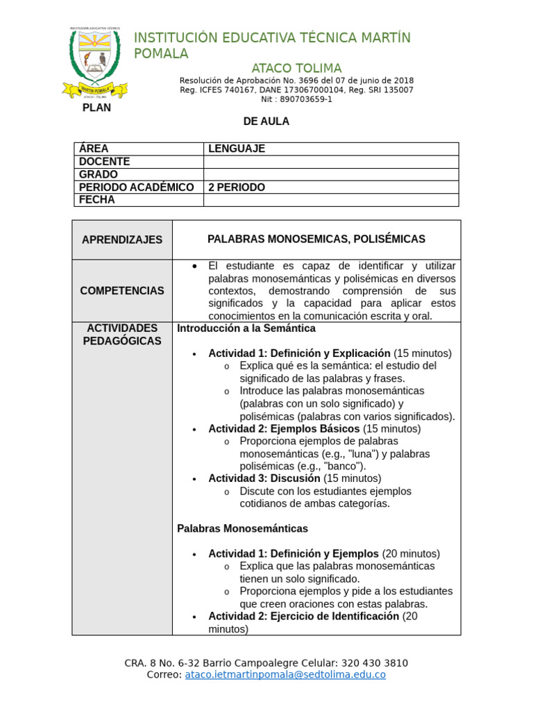 Plan de Aula de Palabras Monosemicas, Polisémicas | PDF