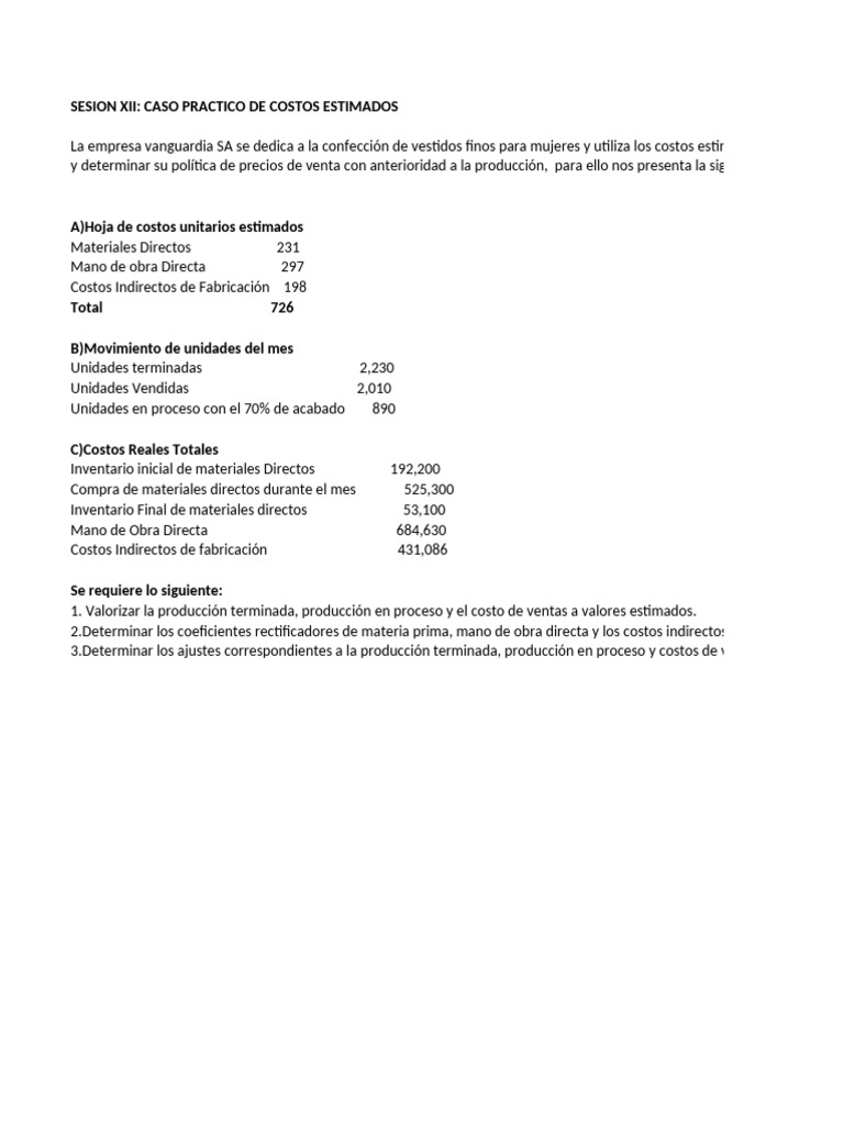 Caso Practico de Costos Estimados | PDF