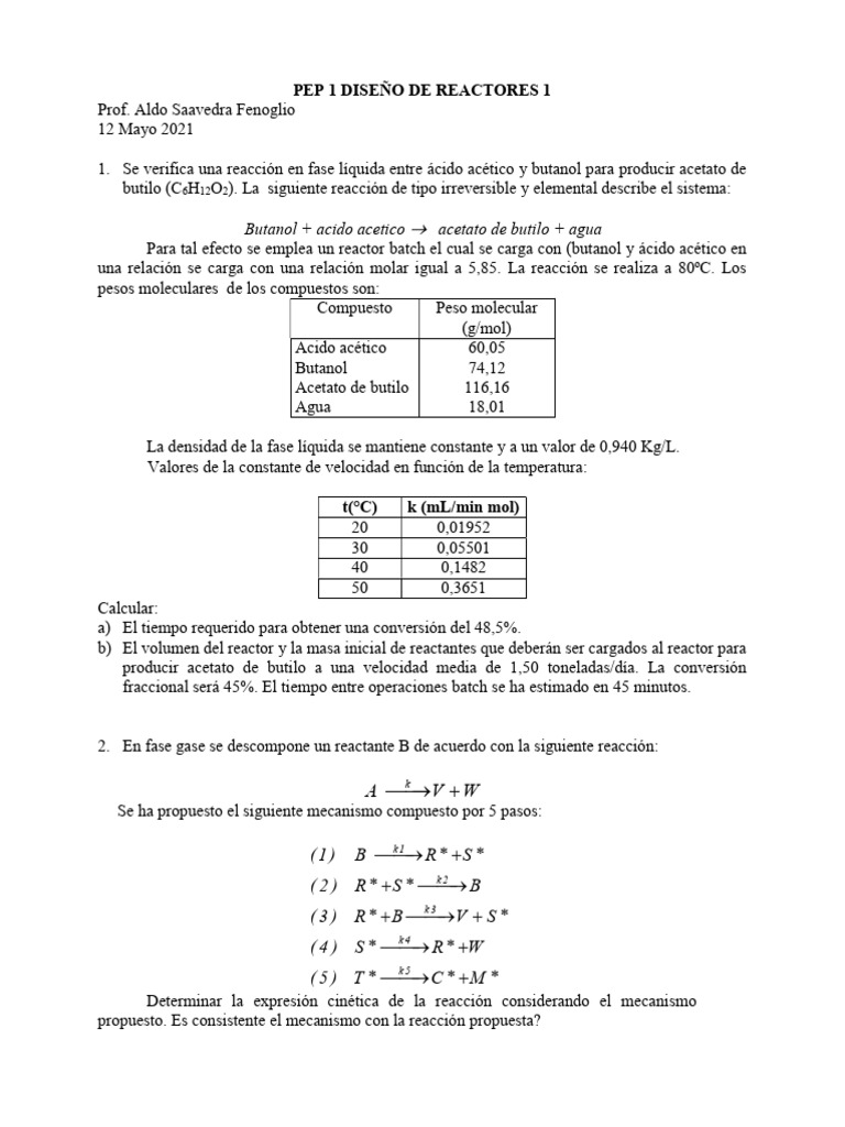 Pauta PEP1 Reactores I Semestre 2021 | PDF