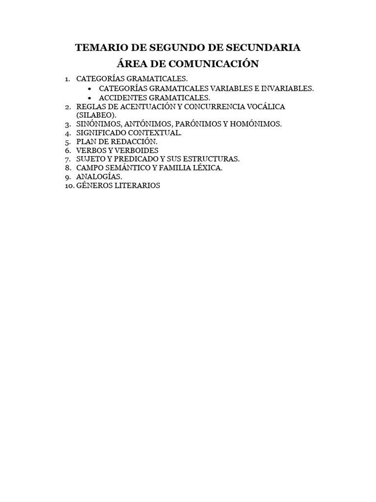 Temario de Segundo de Secundaria | PDF
