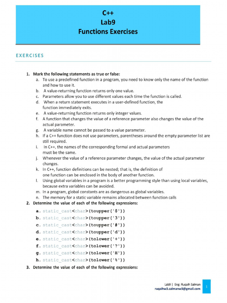 C++ - Lab9 - Functions - Eng - Ruqaih Salman Final 2023 | PDF