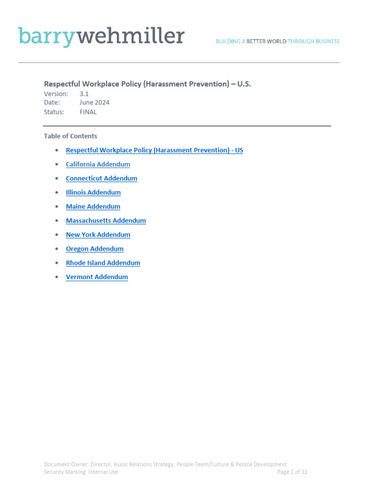 Respectful Workplace Policy (Harassment Prevention) - US | PDF