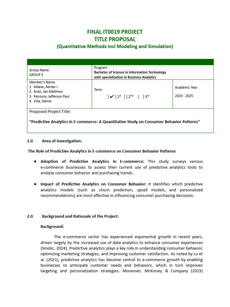 Final It0019 Project Title Proposal: (Quantitative Methods Incl Modeling and Simulation) | PDF
