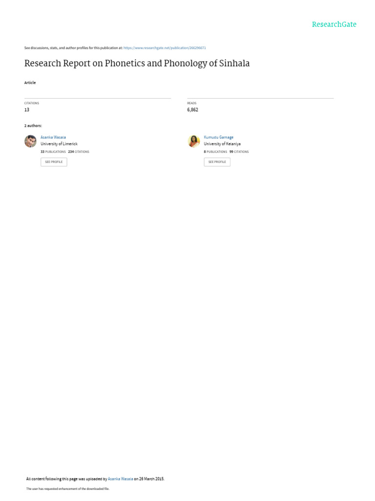 Research Report On Phonetics and Phonology of Sinh | PDF