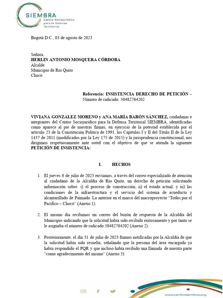 Insistencia Alcaldia Rio Quito | PDF