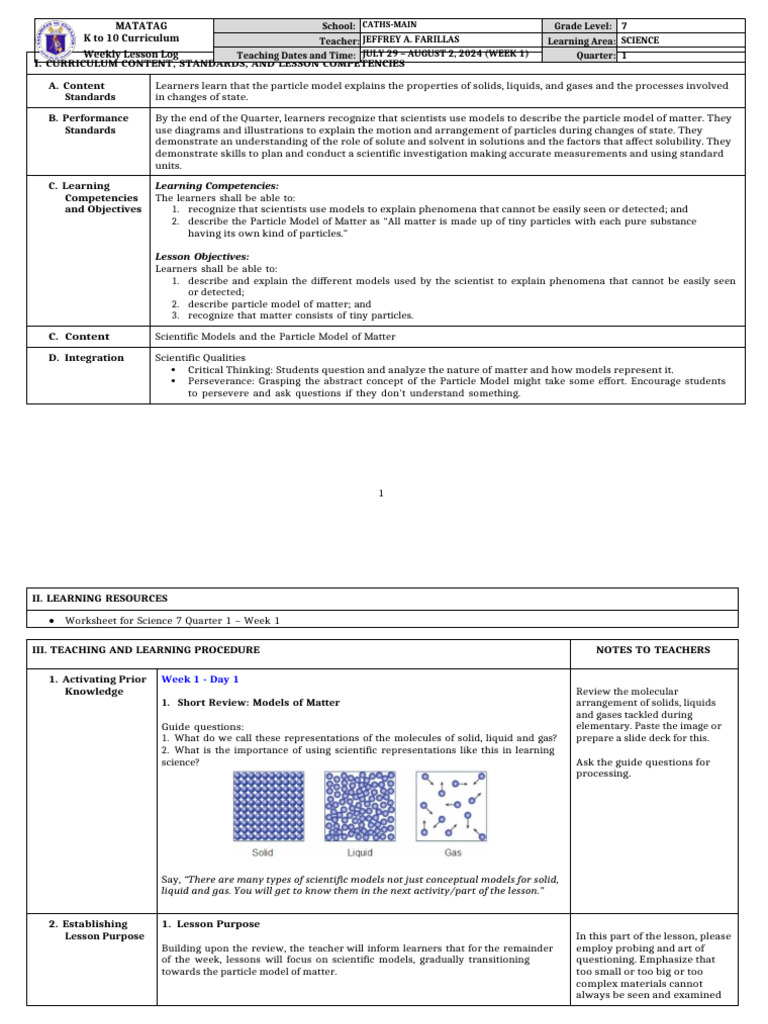 DLL Matatag - Science 7 Q1 W1 | PDF
