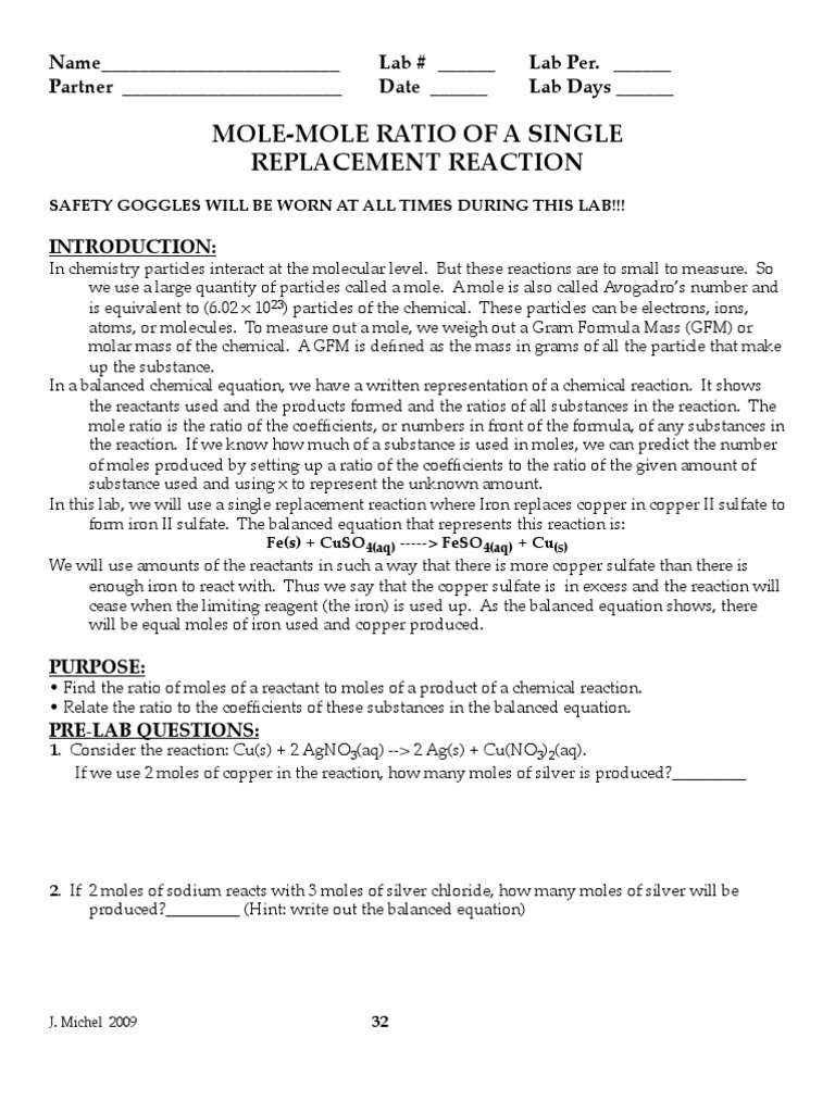 Mole-Mole Ratio in Single Replacement Lab | PDF | Mole (Unit ...