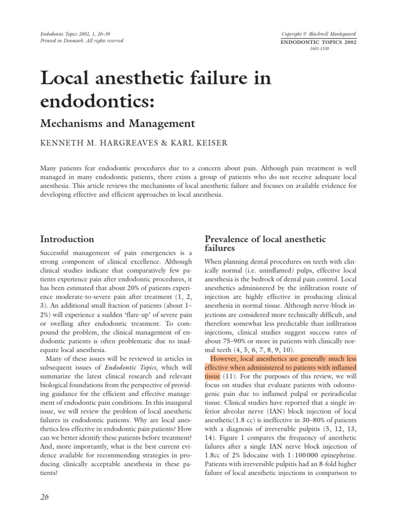 26-Local Anesthetic Failure in Endodontics. Mechanisms and M | PDF