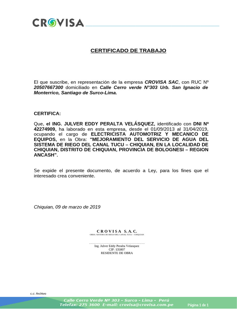 Certificado de Trabajo Julver Crovisa | PDF