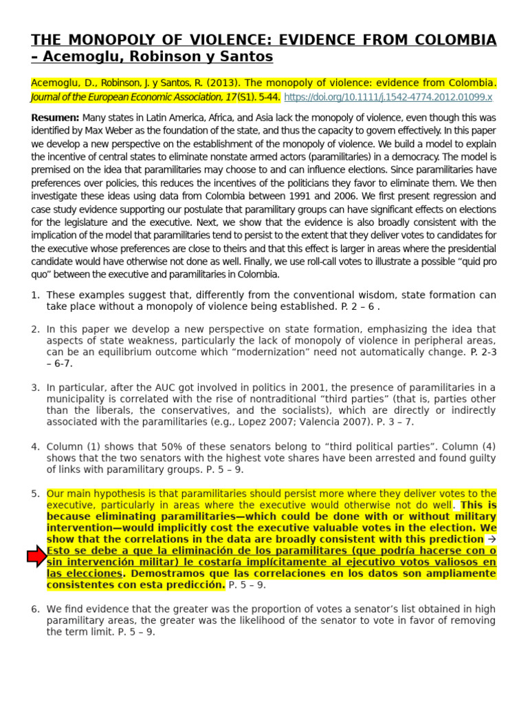 Notas - THE MONOPOLY OF VIOLENCE - EVIDENCE FROM COLOMBIA - Acemoglu Robinson y Santos | PDF