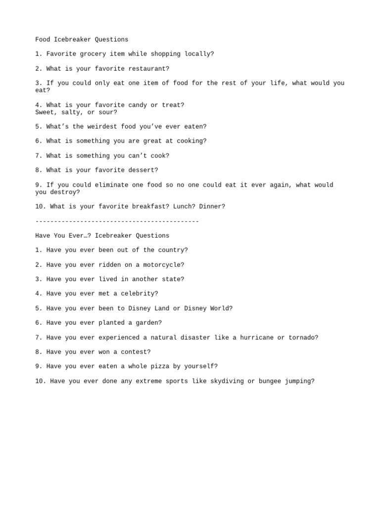 Have You Ever-Icebreaker Questions | PDF