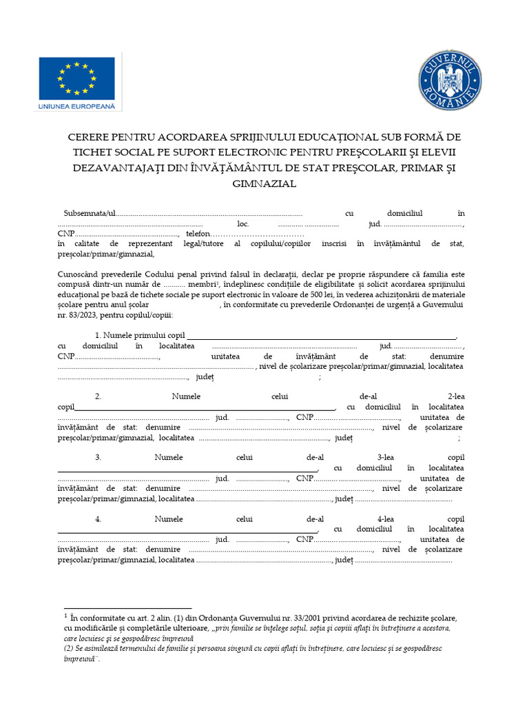 Cerere Tichete Sociale 2024 2025 | PDF