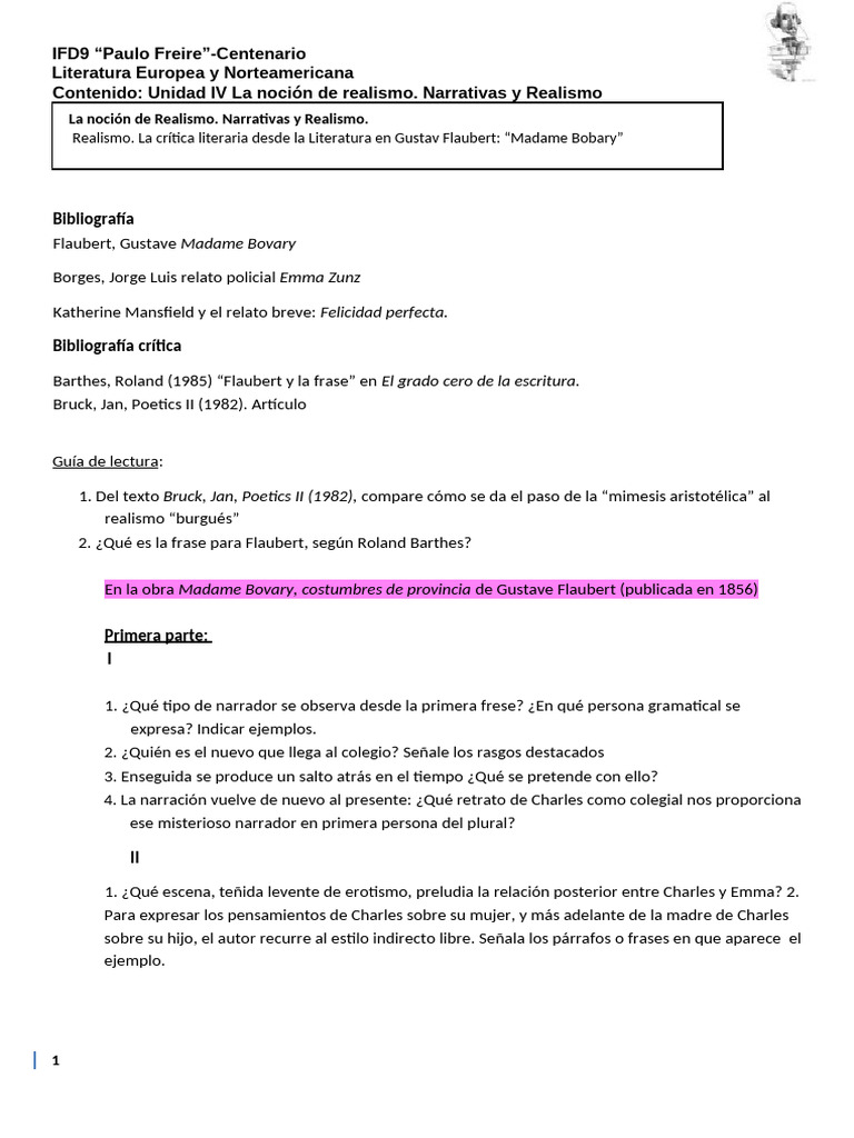 Guia de Lectura U4-Madame Bovary 1 | PDF