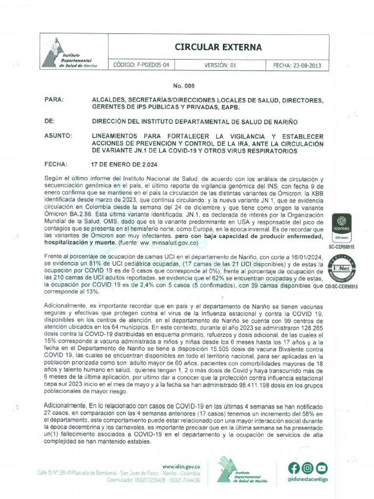 Circular Externa 009 Lineamientos IRA | PDF