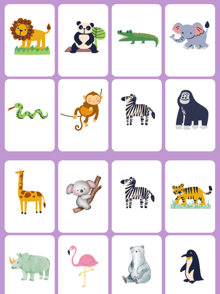Colorful Illustrated Zoo Animals Kindergarten Flashcards | PDF