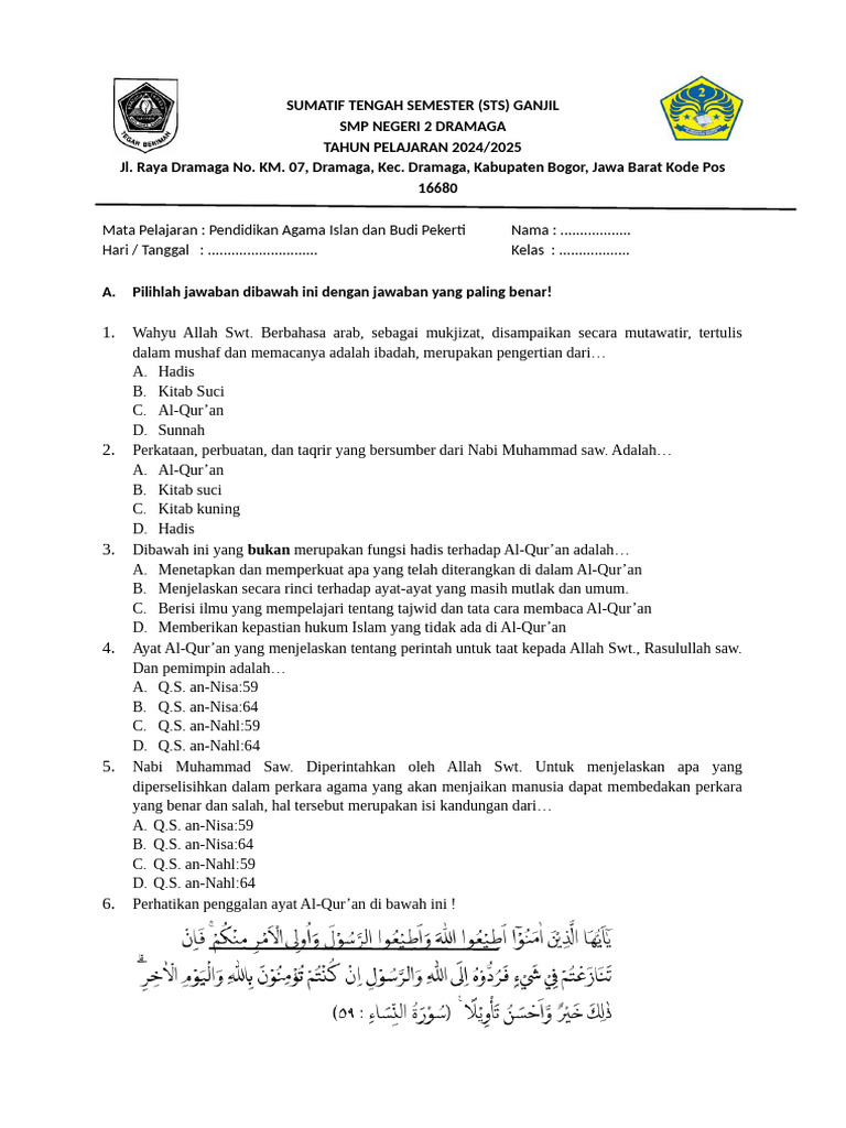 Soal PTS Pai KLS 7 Semester 1 2024 | PDF