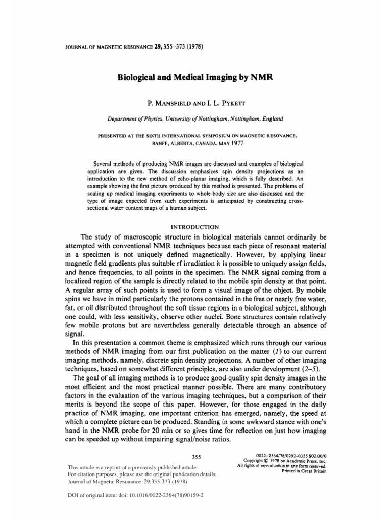 M1 LC Byological and Medical Imaging by NMR Mansfield | PDF