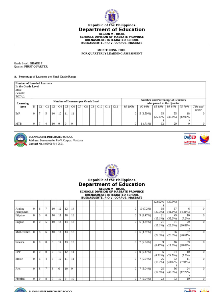 Modified Monitoring Tool For Quarterly Assessment | PDF