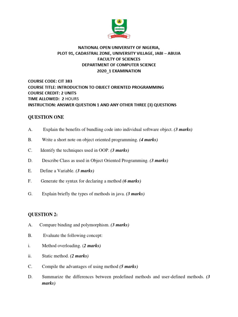 CIT 383: Object Oriented Programming Exam | PDF | Computers