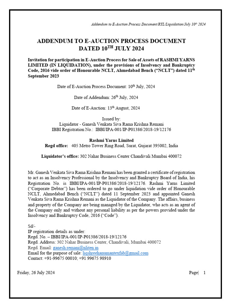 E-Auction Addendum for Rashmi Yarns Liquidation | PDF | Auction ...