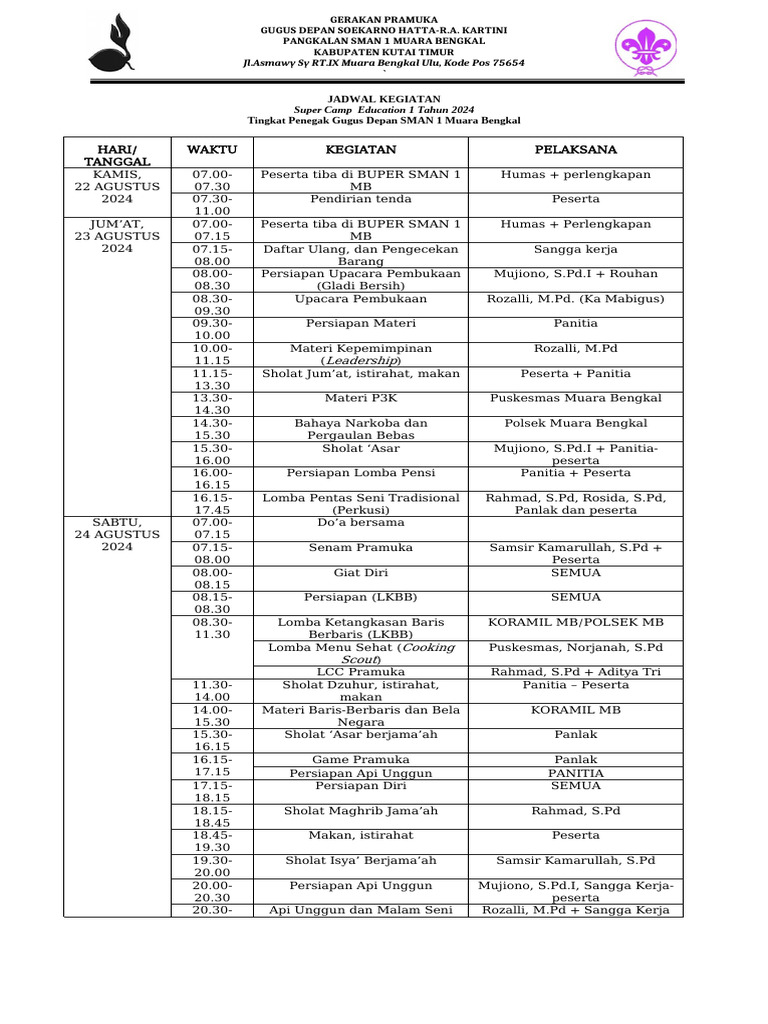 Jadwal Kegiatan Kemah Edukasi 2024 | PDF