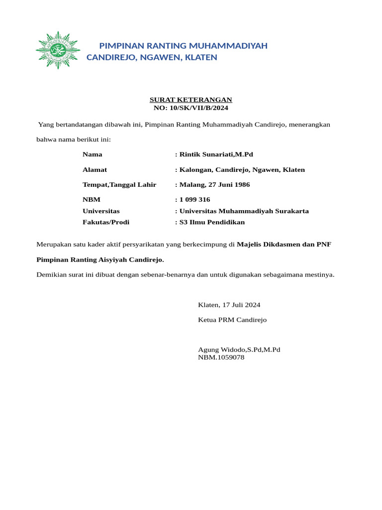 Surat Keterangan Aktif PIMPINAN RANTING MUHAMMADIYAH | PDF