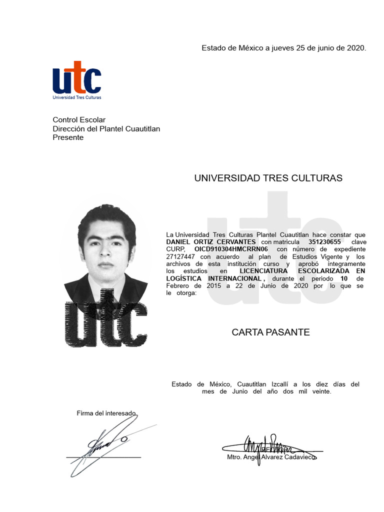 Carta Pasante Utc | PDF