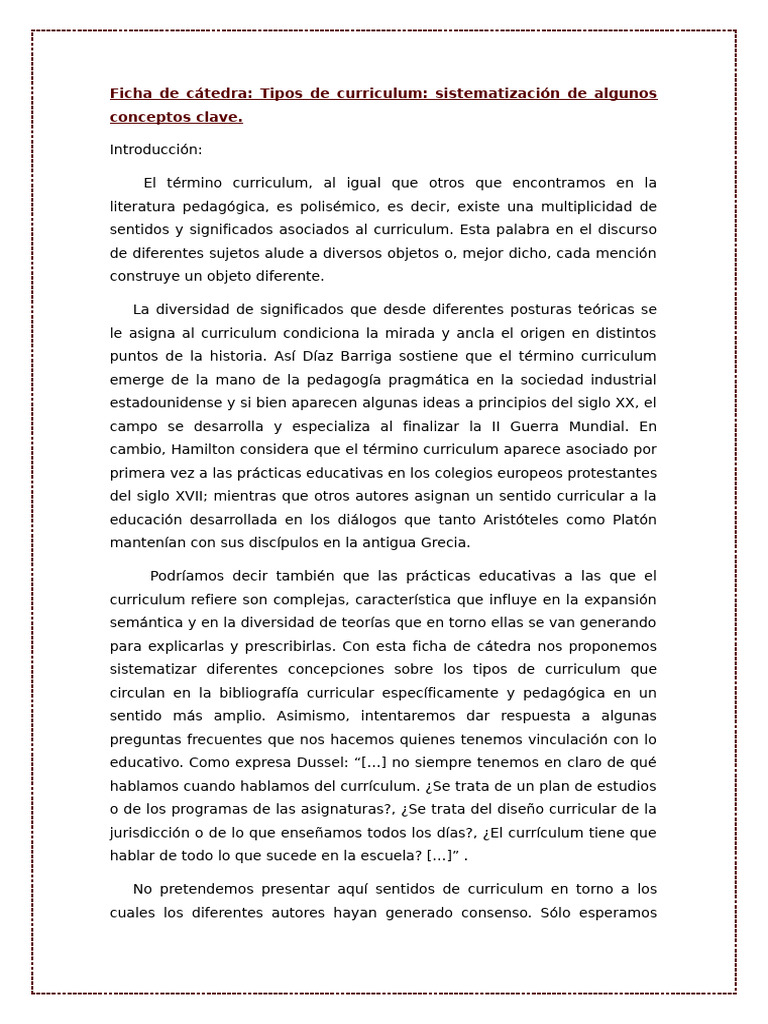 Ficha de cátedra. tipos de curriculum | PDF