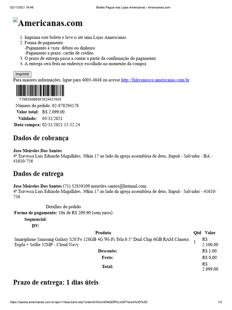 Boleto Pague Nas Lojas Americanas | PDF