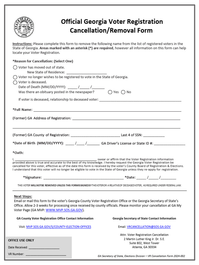 GA Voter Registration Cancellation Form | PDF | Voter Registration ...