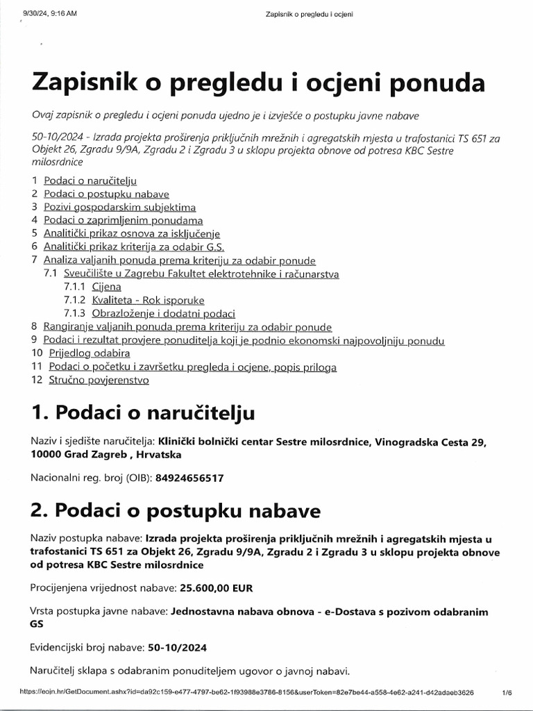 Zapisnik o Pregledu I Ocjeni Ponuda | PDF