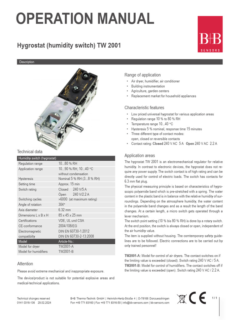 Hygrostat TW 2001 Operation Manual | PDF | Switch | Technology ...