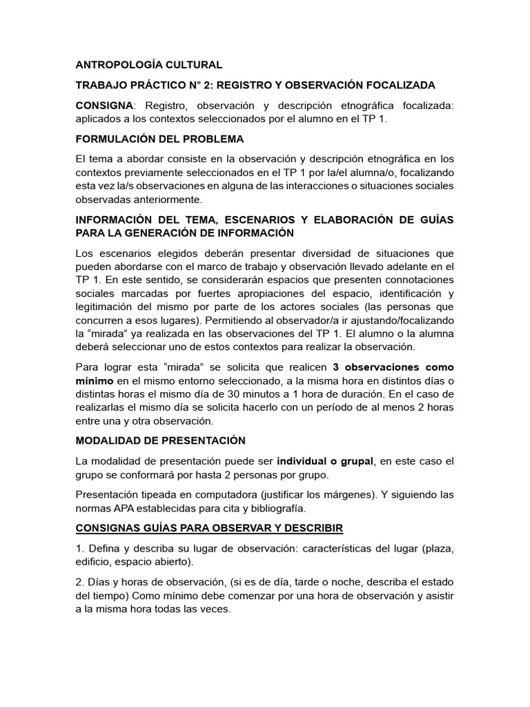CONSIGNAS TRABAJO PRÁCTICO 2 ANTROPOLOGÍA CULTURAL | PDF
