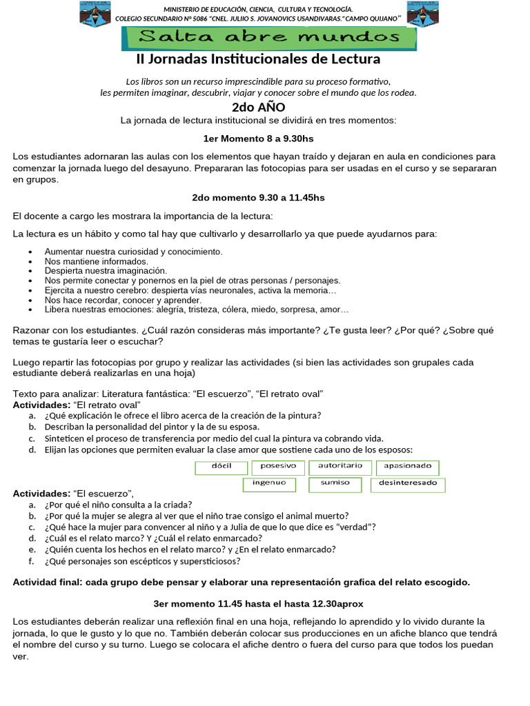 II Jornadas Institucionales de Lectura 2do Año | PDF