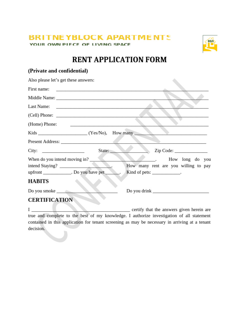 Rent Application Form | PDF