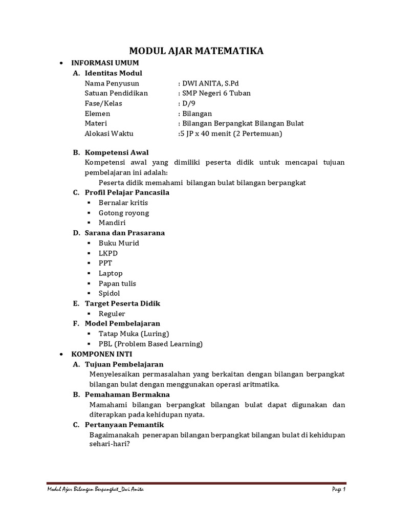 Modul Ajar Matematika - BILANGAN BERPANGKAT BILANGAN BULAT - Fase D - zkWN7NbJR9 | PDF