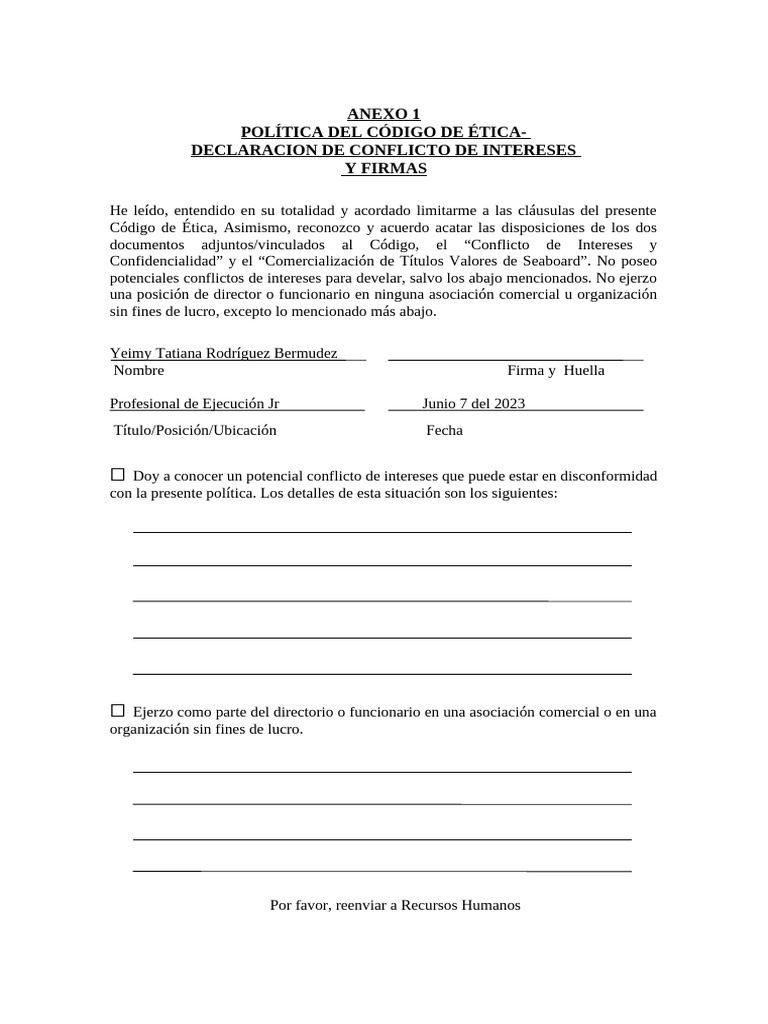 Anexo Conflicto de Intereses - Código de Etica | PDF
