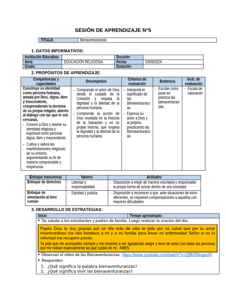 SESIÓN DE APRENDIZAJE RELIGION ELENA | PDF SESIÓN DE APRENDIZAJE RELIGION ELENA | PDF