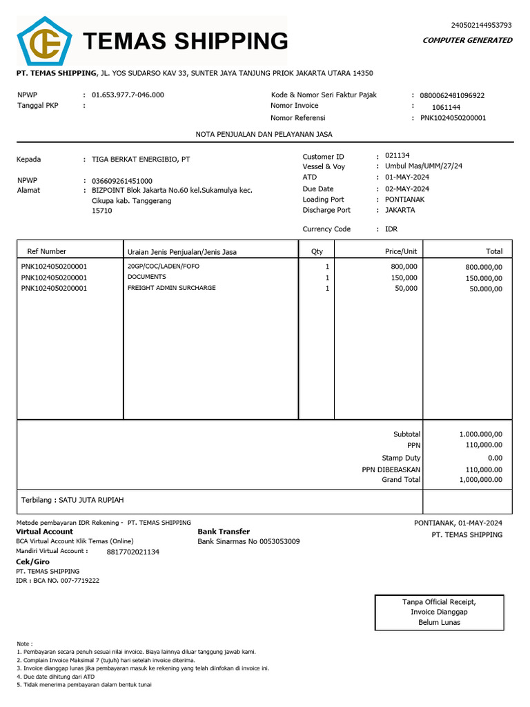 Pt. Temas Shipping: Computer Generated | PDF