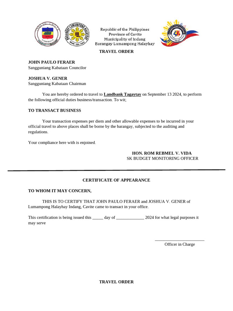 Travel Order | PDF