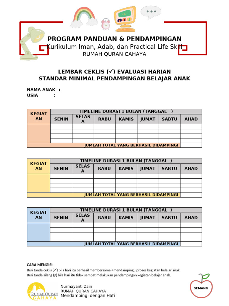 1-12 Template Kosong Lembar Ceklis Harian Standar Minimal | PDF