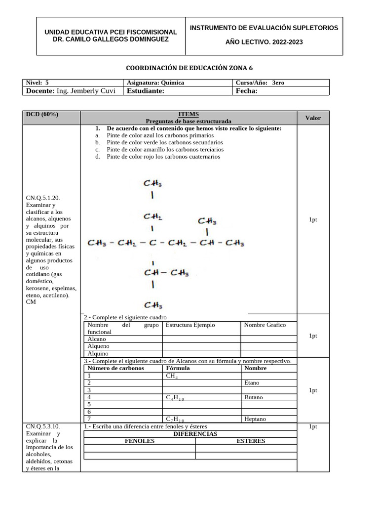 Evaluación Supletorio - 3ero Química | PDF