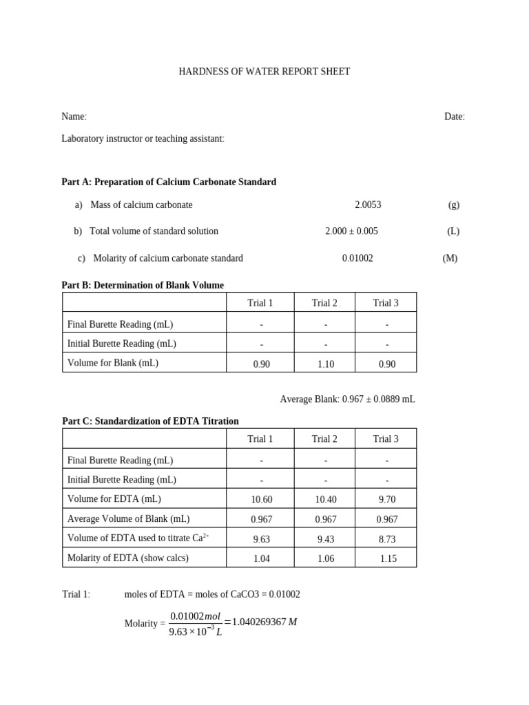 Hardness of Water Report Sheets | PDF