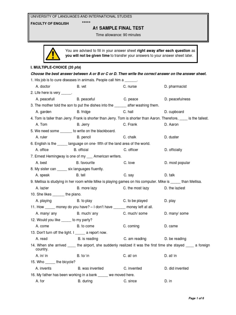 A1 English Final Test Sample | PDF | English Language | Languages