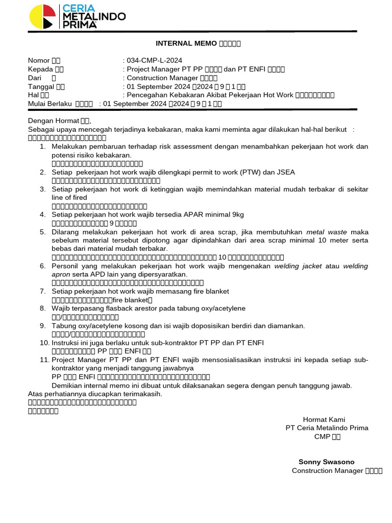 Draft Memo - Pencegahan Kebakaran | PDF