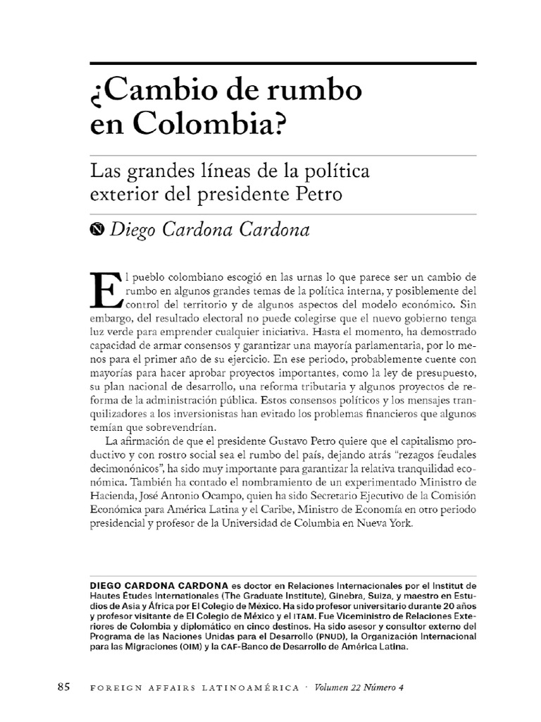 Cambio de Rumbo en Colombia - Las Grandes Líneas de La P.E. Del ...
